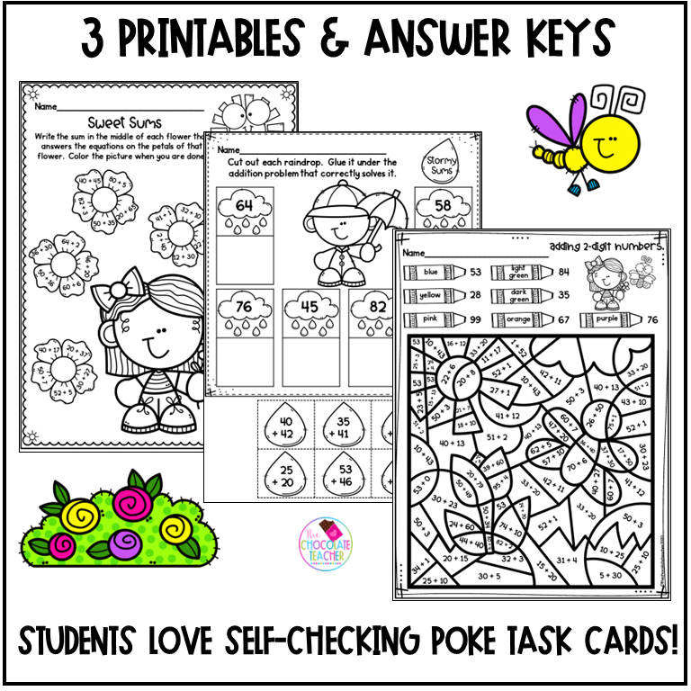 2 Digit Addition No Regrouping - Spring Math Worksheets and Task Cards ...