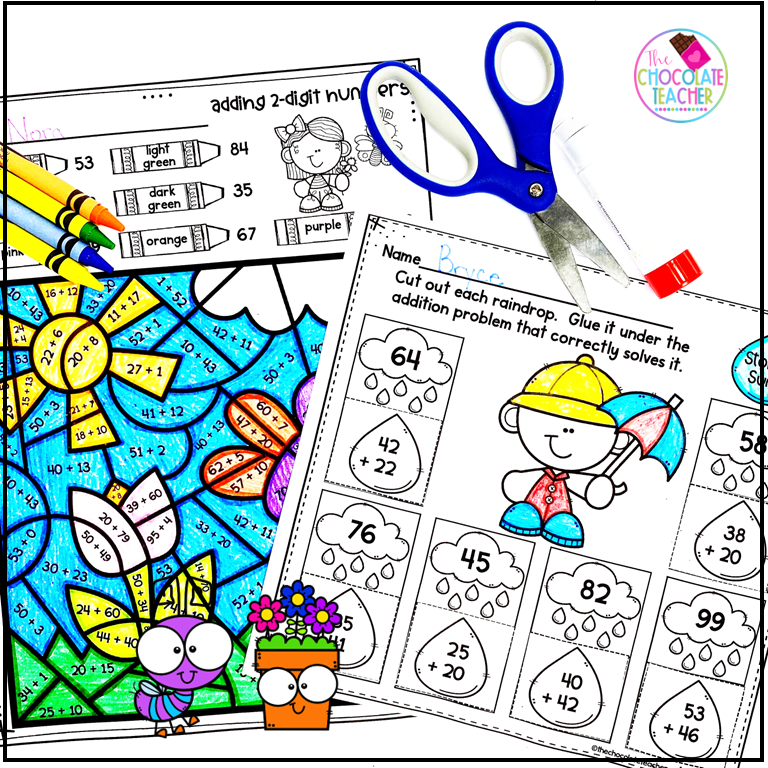 2 Digit Addition No Regrouping - Spring Math Worksheets and Task Cards ...