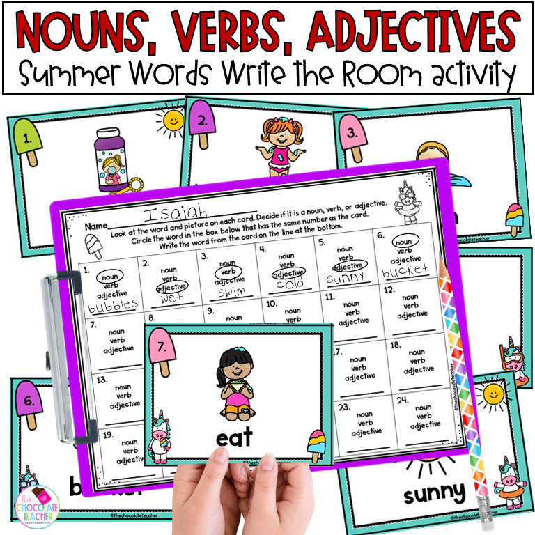Nouns Verbs Adjectives - Parts of Speech - Write the Room - Summer ...