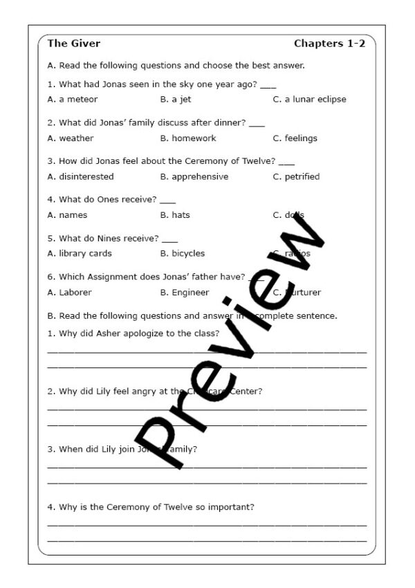 Lois Lowry "The Giver" worksheets | Made By Teachers