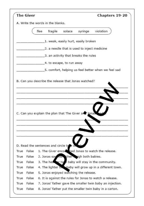 Lois Lowry "The Giver" worksheets | Made By Teachers