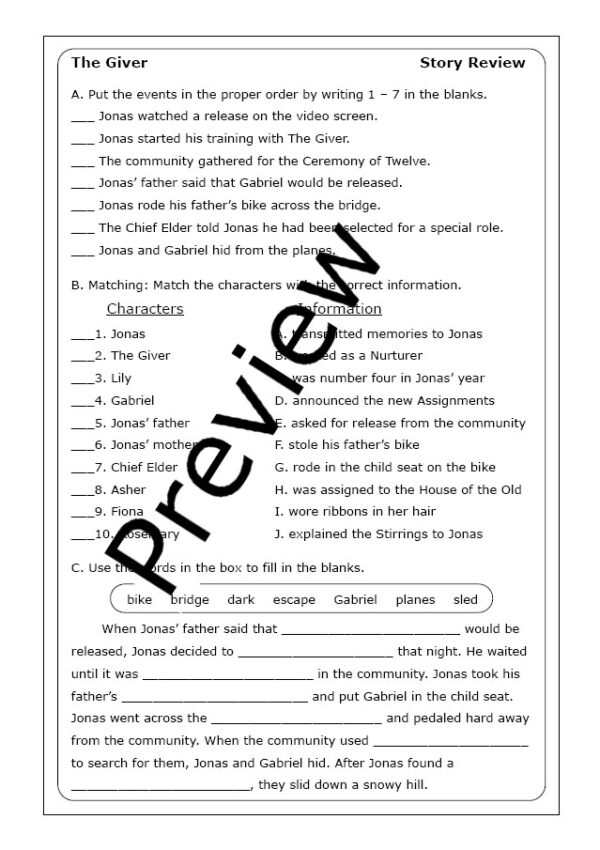 Lois Lowry "The Giver" worksheets | Made By Teachers