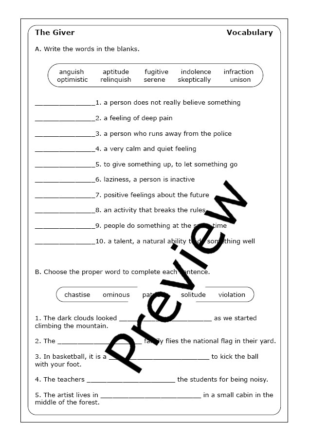 Lois Lowry "The Giver" worksheets | Made By Teachers