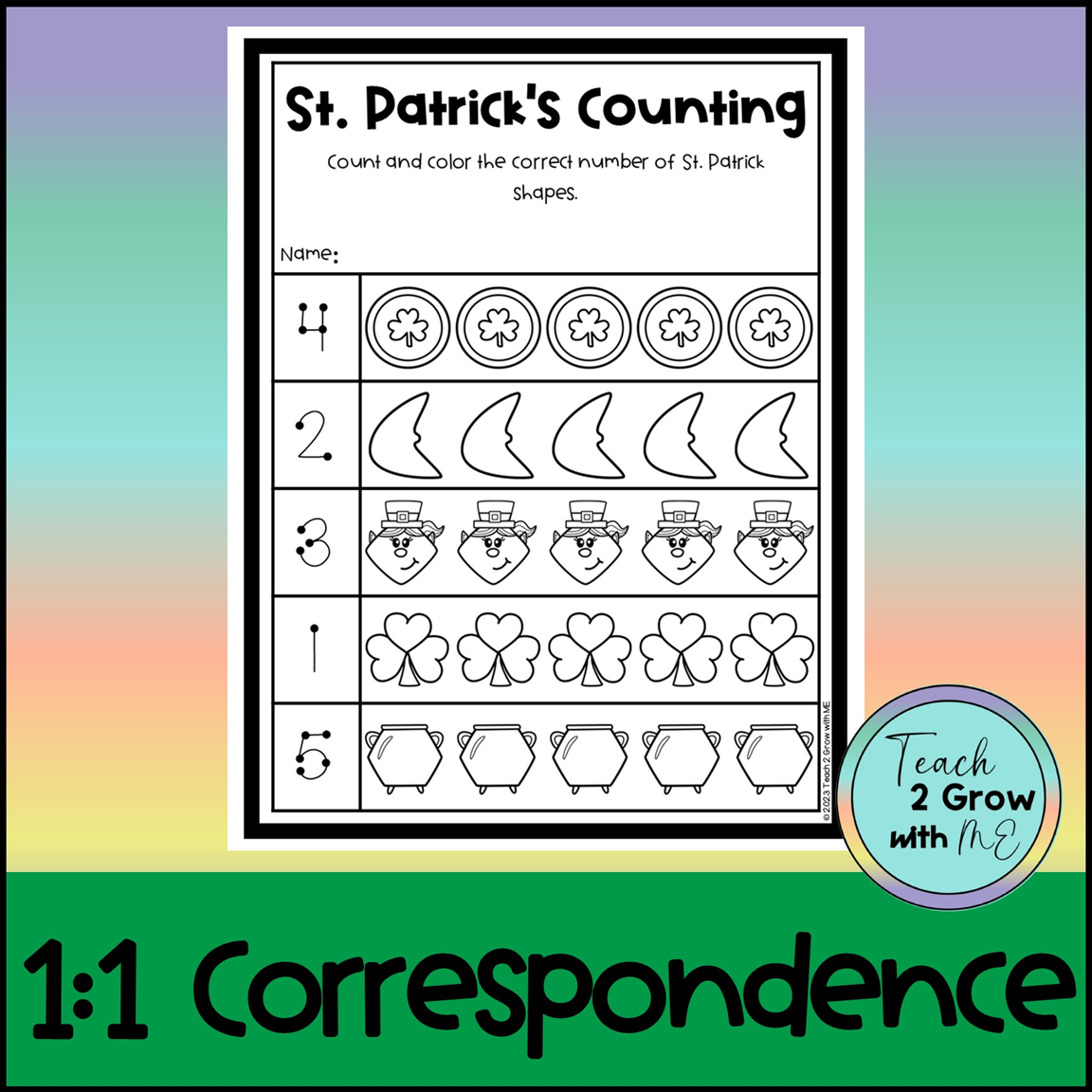 St. Patrick's Day NO PREP Counting Sets Count and Color Worksheets 1-5 ...