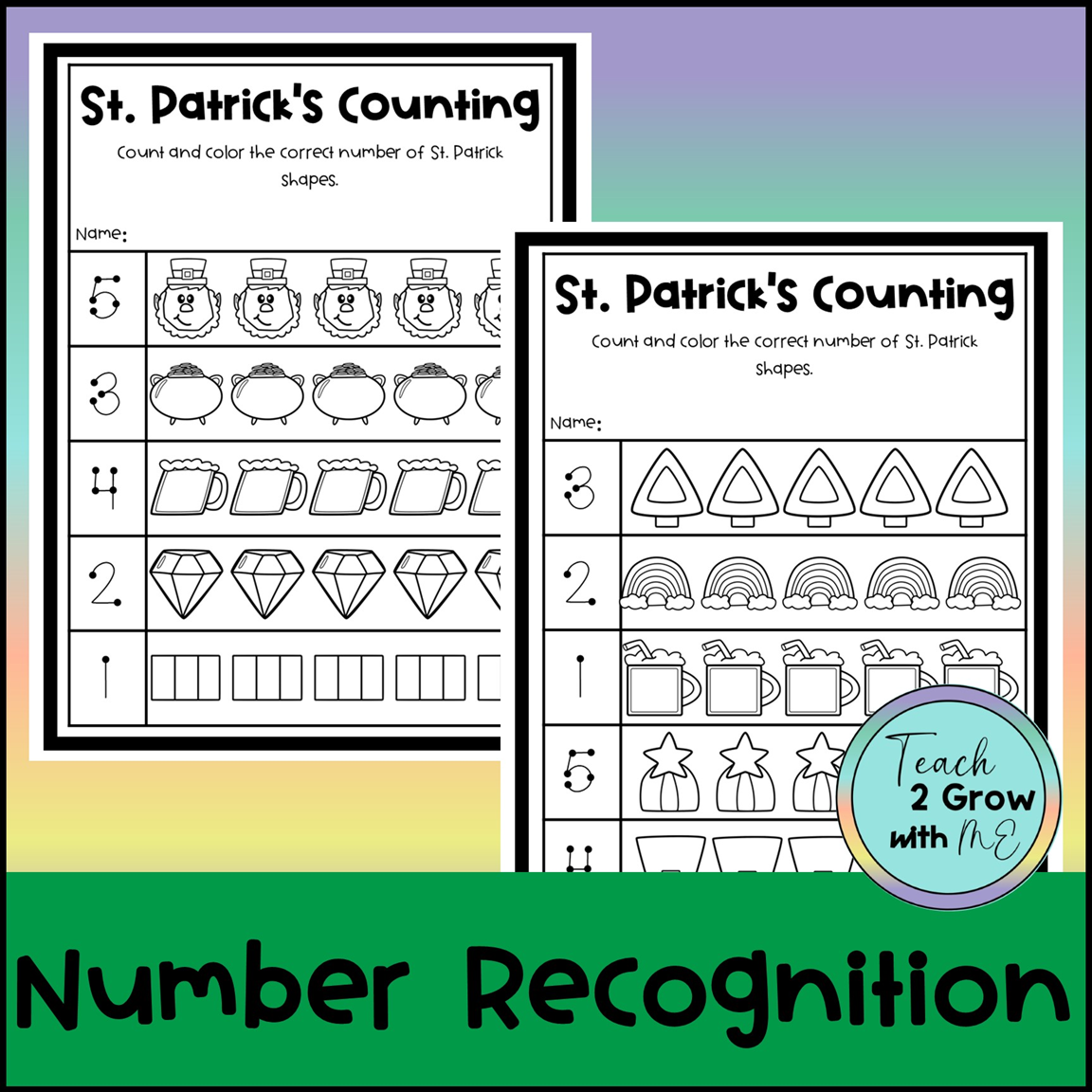 St. Patrick's Day NO PREP Counting Sets Count and Color Worksheets 1-5 ...