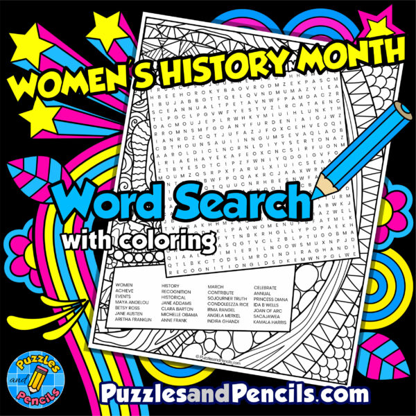 Women's History Month Word Search Puzzle Activity Page with Coloring ...