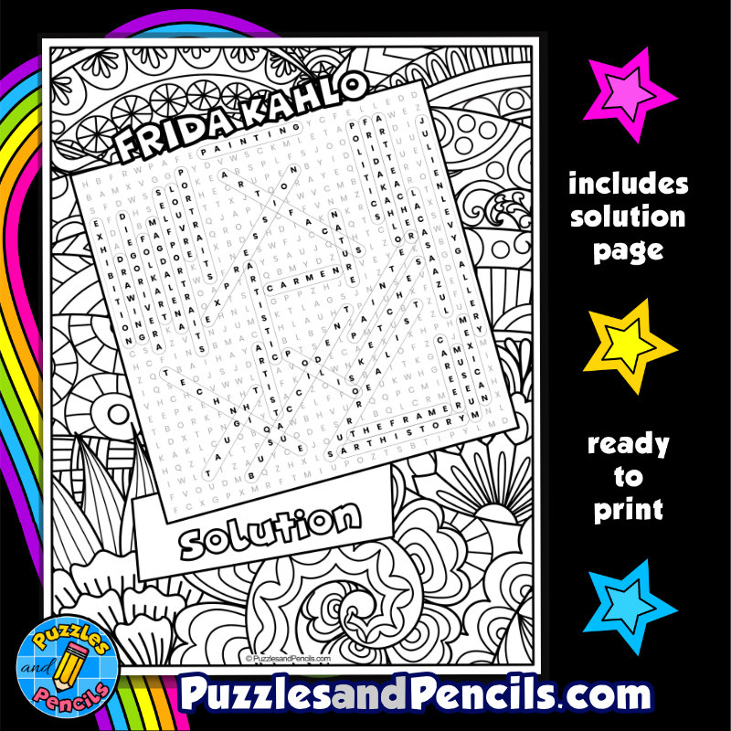 Frida Kahlo Word Search Puzzle Activity Page with Coloring | Women's ...