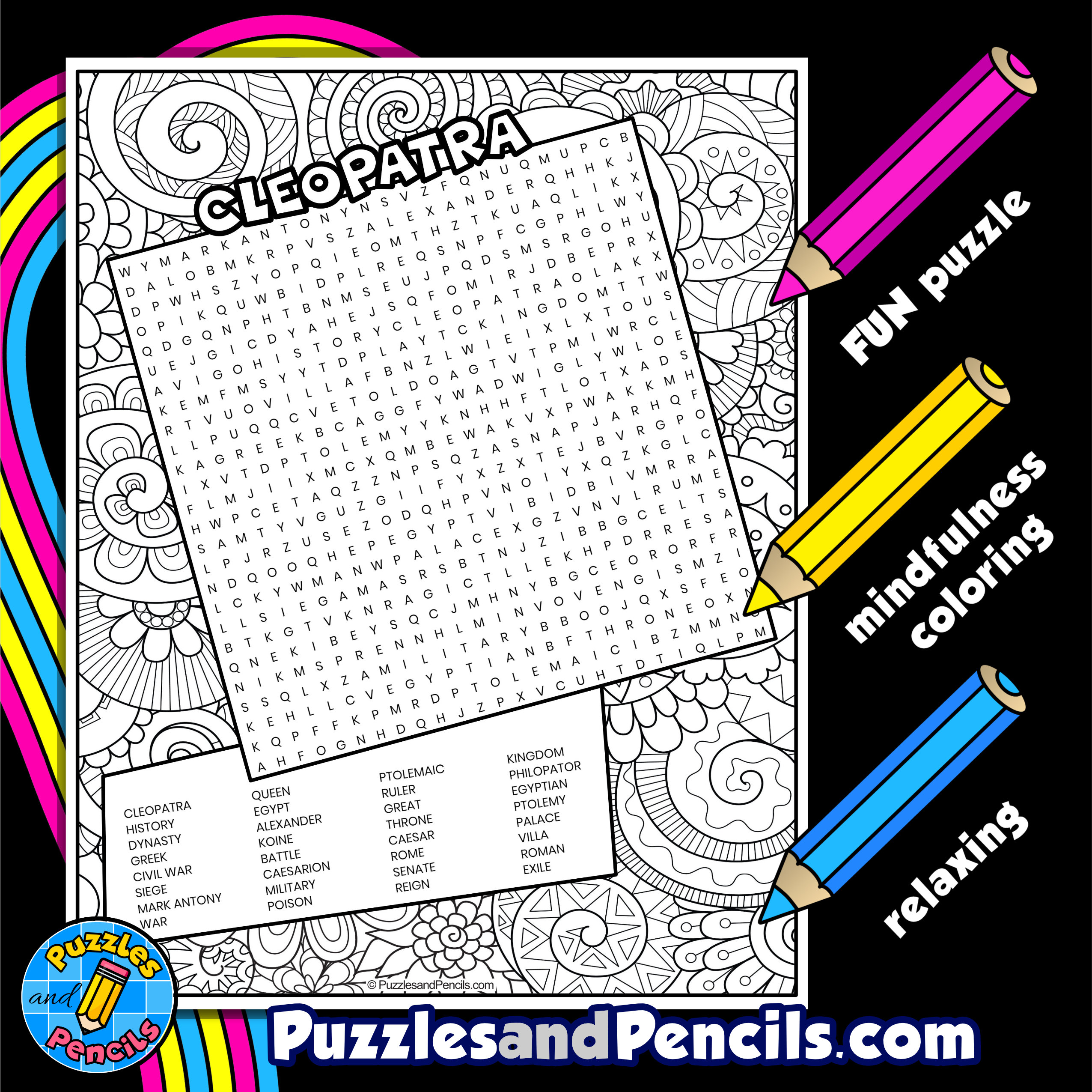 Cleopatra Word Search Puzzle Activity Page with Coloring | Women's ...