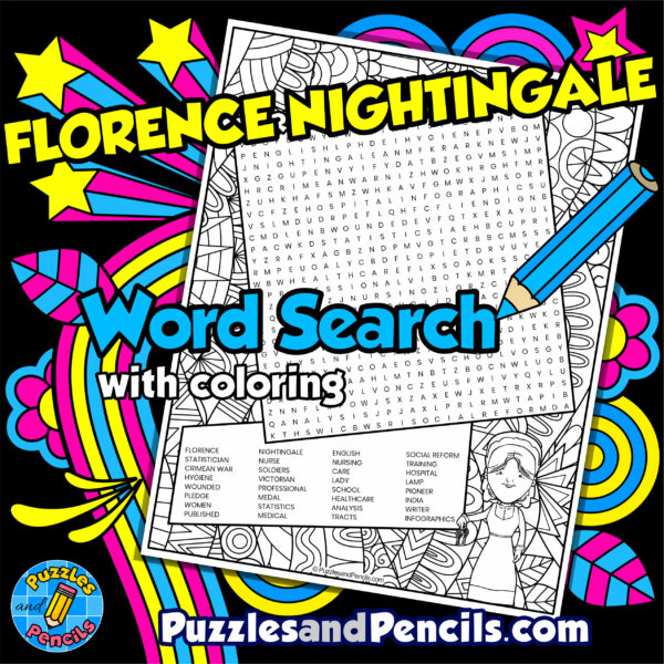 Florence Nightingale Word Search Puzzle Activity Page with Coloring ...