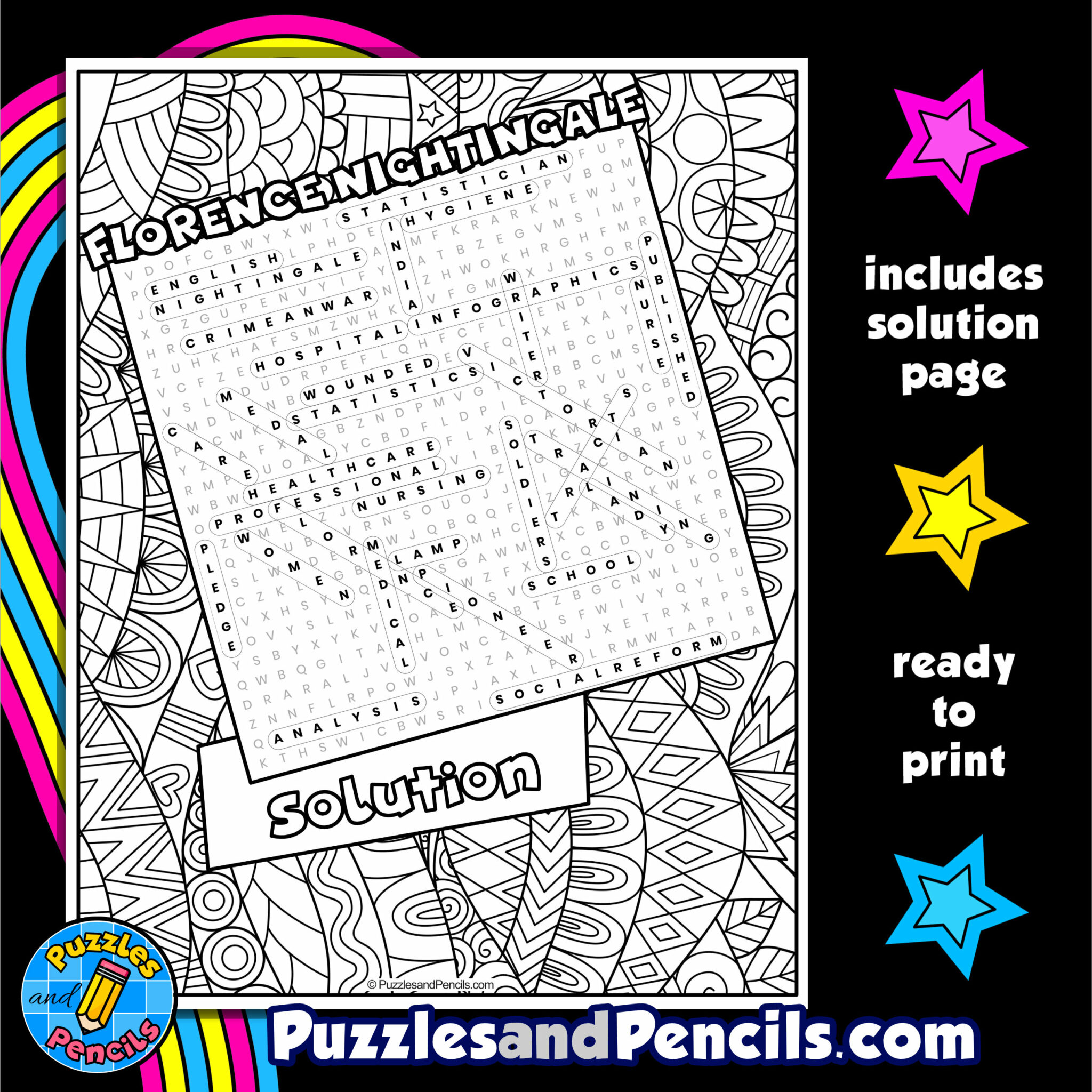 Florence Nightingale Word Search Puzzle Activity Page with Coloring ...