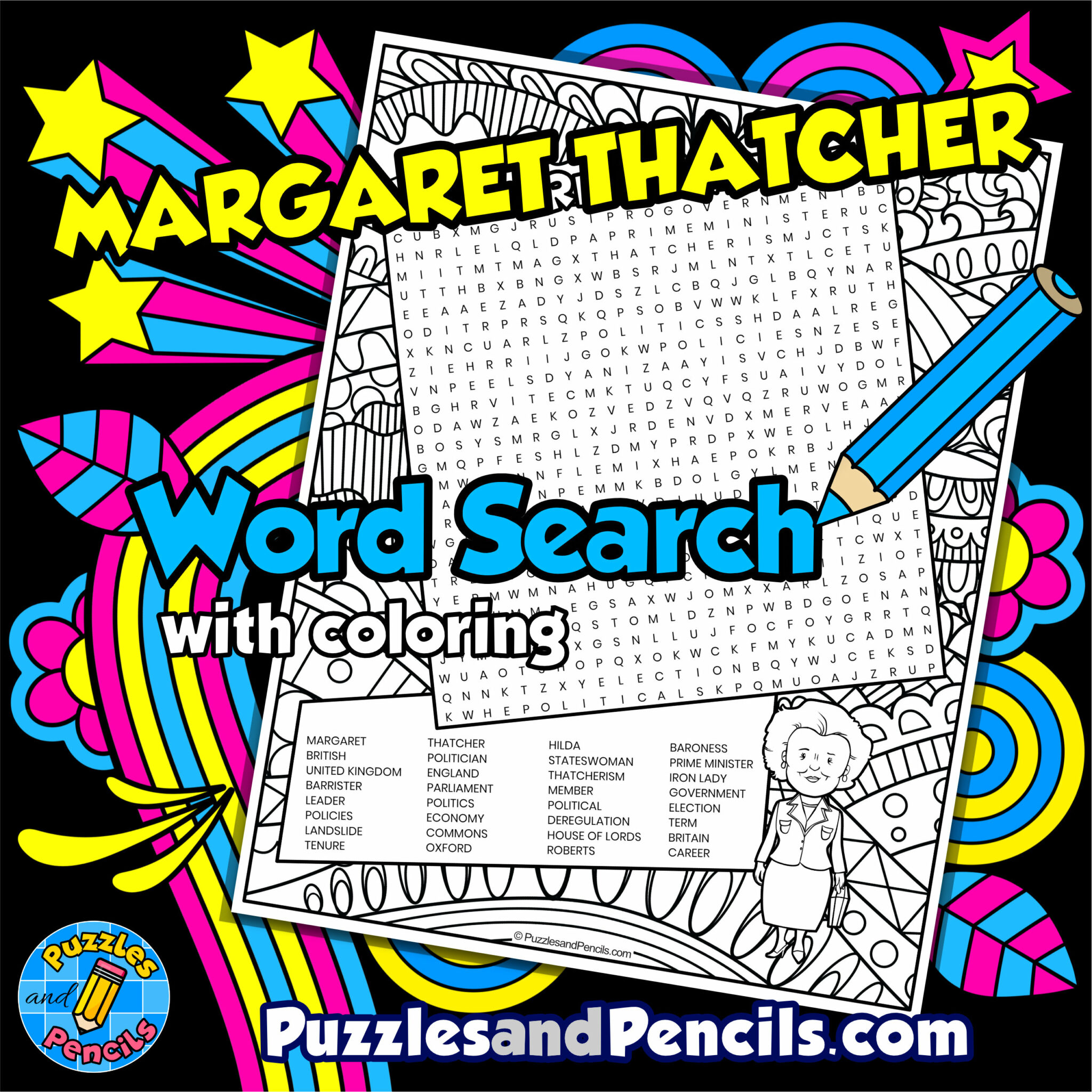 Margaret Thatcher Word Search Puzzle Activity Page with Coloring ...