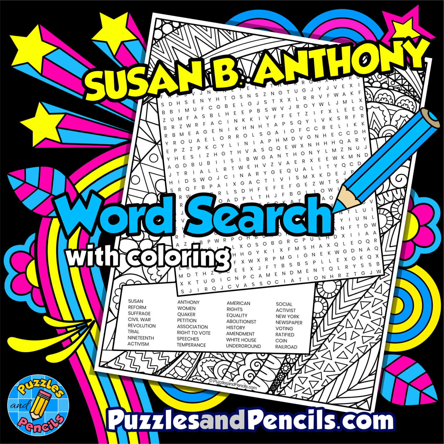 Susan B. Anthony Word Search Puzzle Activity Page with Coloring | Women ...