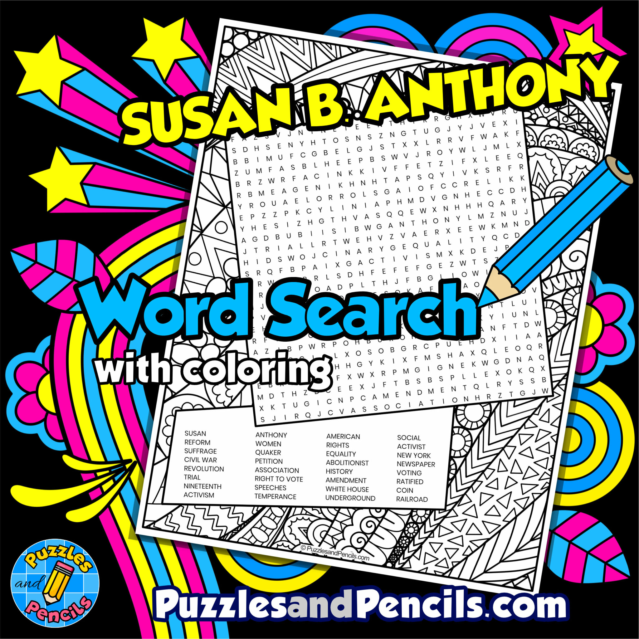 Susan B. Anthony Word Search Puzzle Activity Page with Coloring | Women ...
