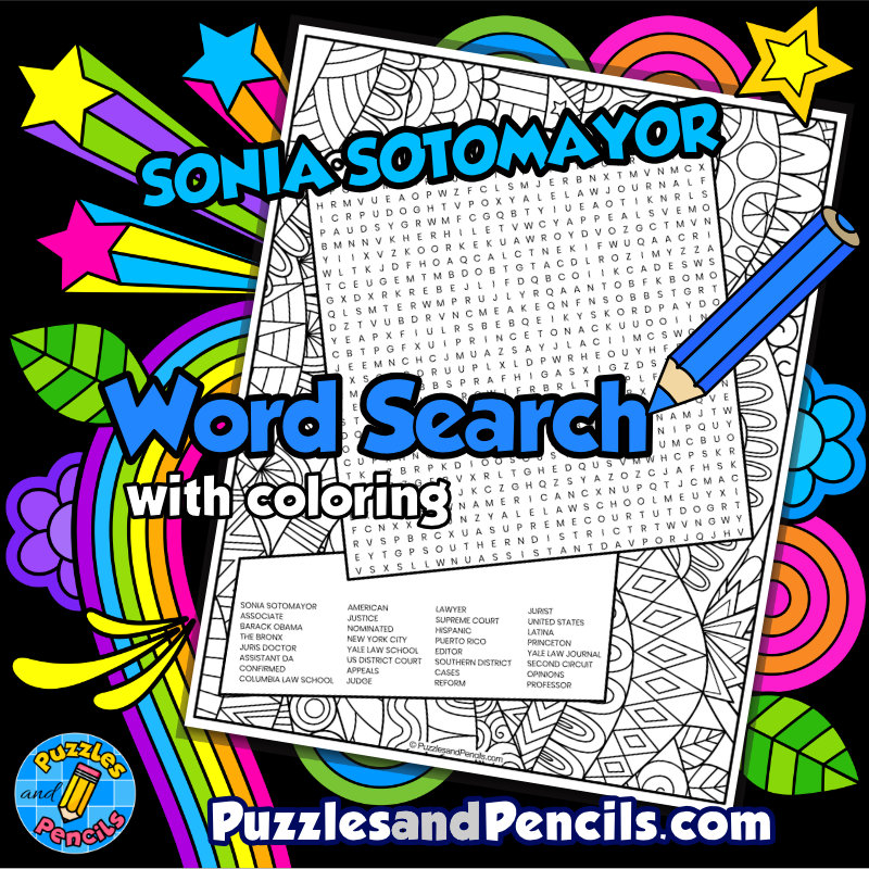 Sonia Sotomayor Word Search Puzzle Activity Page with Coloring | Women ...