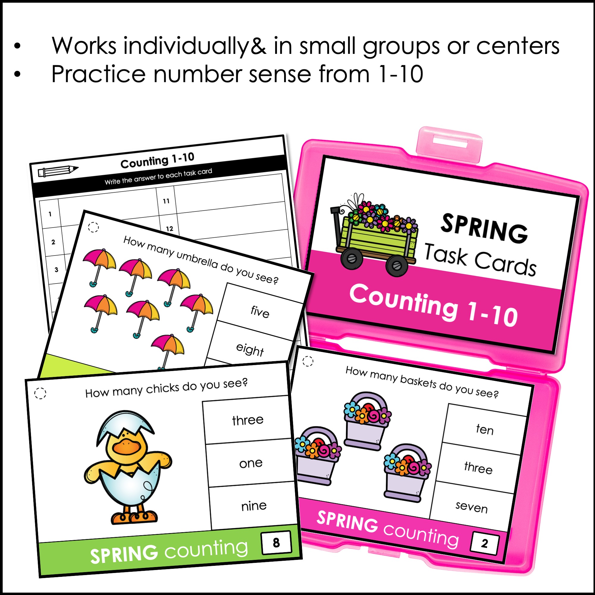 Spring Counting Number Activity Number Practice Task Cards 1 to 10 ...