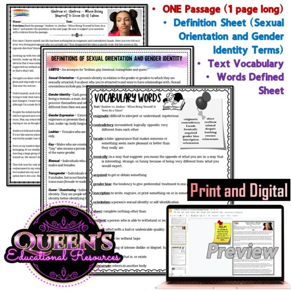 LGBTQ Reading Passage | Activities | LGBTQ Worksheets | Transgender ...