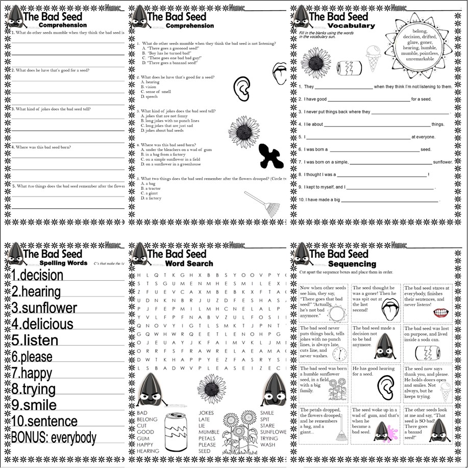 The Bad Seed Book Companion Reading Comprehension Worksheets | Made By ...
