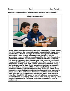 Bobby the Math Whiz Nonfiction Reading Comprehension Questions ...