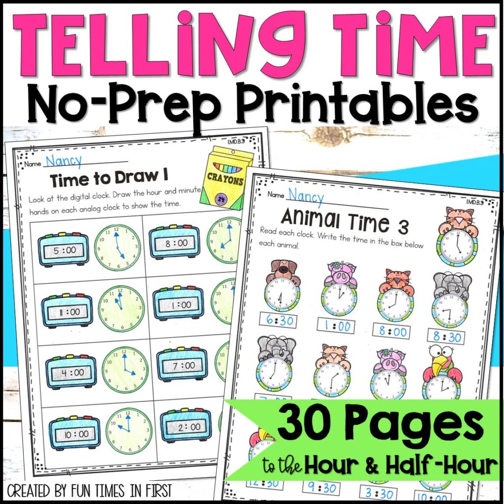 1st Grade Telling Time to the Hour and Half Hour NO PREP Printable ...