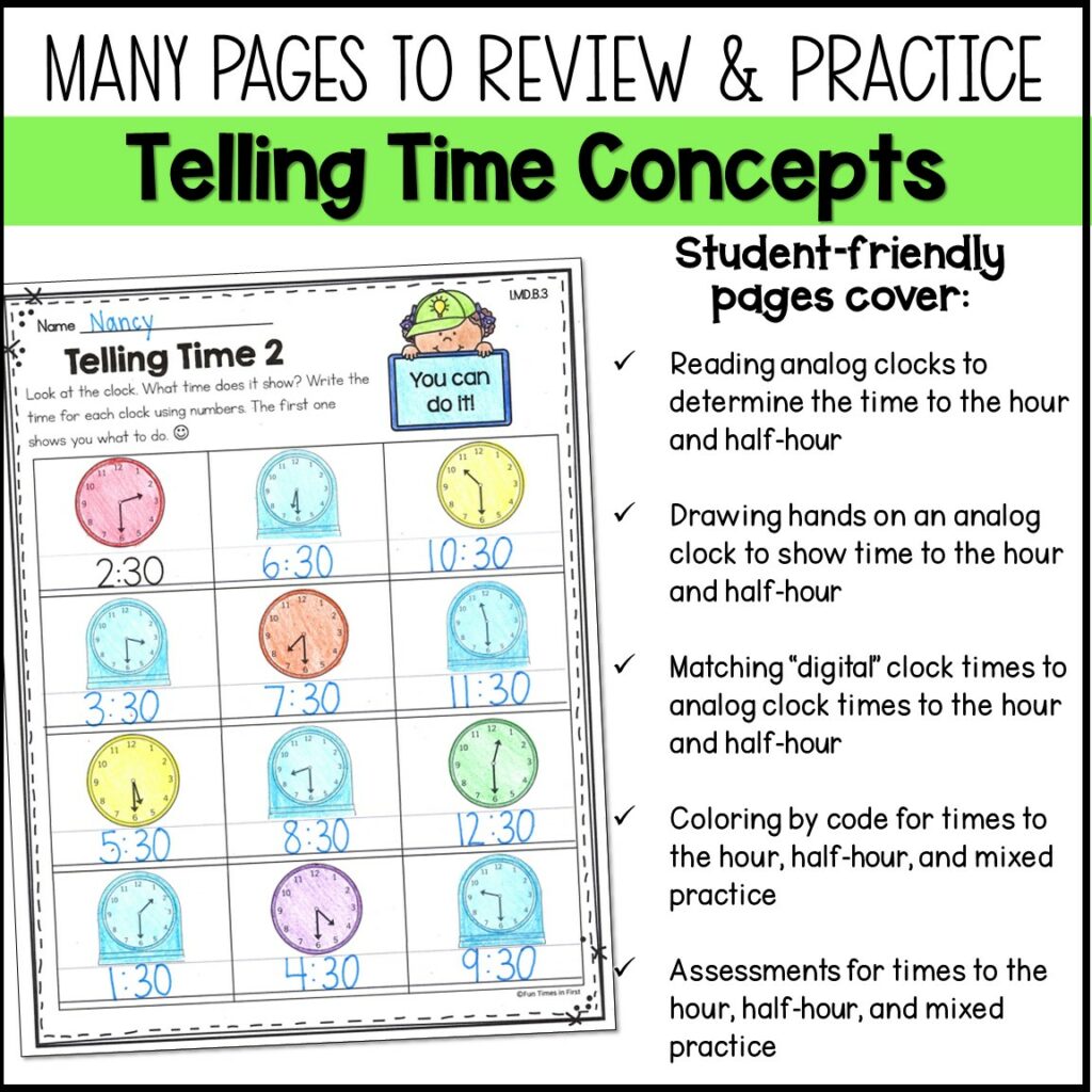 1st Grade Telling Time to the Hour and Half Hour NO PREP Printable ...