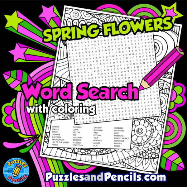 Spring Flowers Word Search Puzzle with Coloring | Spring Wordsearch ...