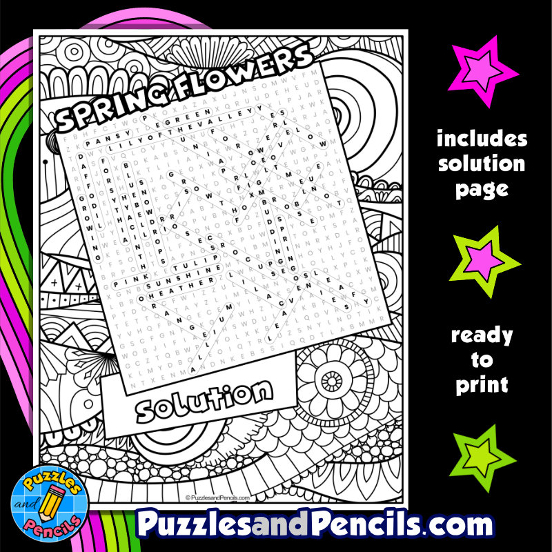 Spring Flowers Word Search Puzzle with Coloring | Spring Wordsearch ...