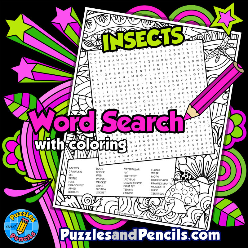 Insects Word Search Puzzle with Coloring | Spring Wordsearch | Made By ...
