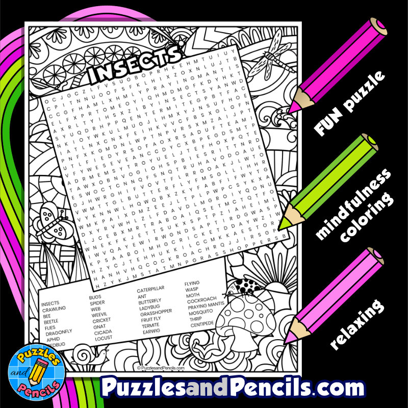 Insects Word Search Puzzle with Coloring | Spring Wordsearch | Made By ...