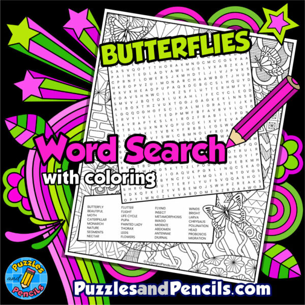 Butterflies Word Search Puzzle with Coloring | Spring Wordsearch | Made ...