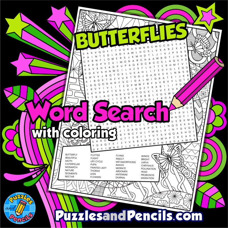 Butterflies Word Search Puzzle with Coloring | Spring Wordsearch | Made ...
