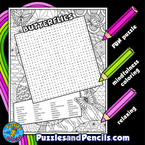 Butterflies Word Search Puzzle with Coloring | Spring Wordsearch | Made ...