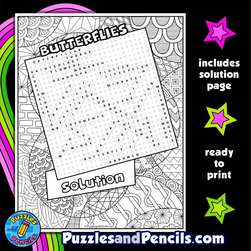 Butterflies Word Search Puzzle with Coloring | Spring Wordsearch | Made ...