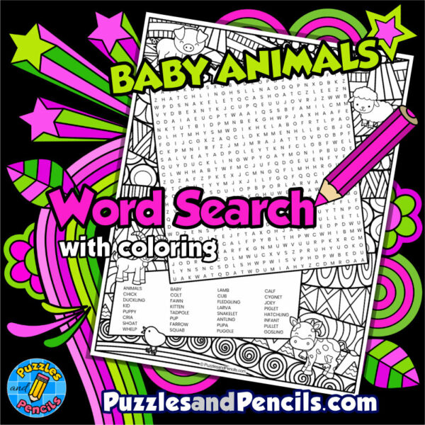 Baby Animals Word Search Puzzle with Coloring | Spring Wordsearch ...