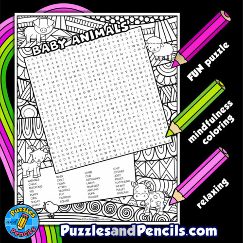 Baby Animals Word Search Puzzle with Coloring | Spring Wordsearch ...