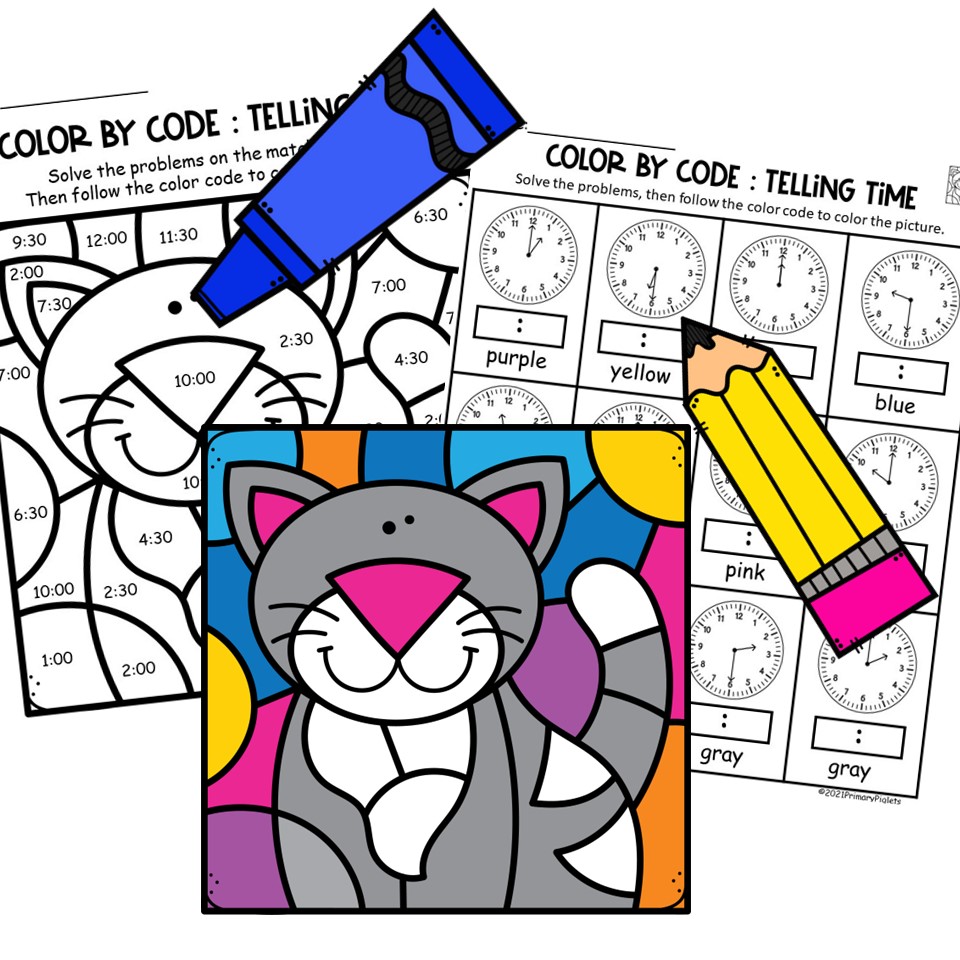 TELLING TIME TO THE HOUR AND HALF HOUR COLOR BY NUMBER - CAT | Made By ...