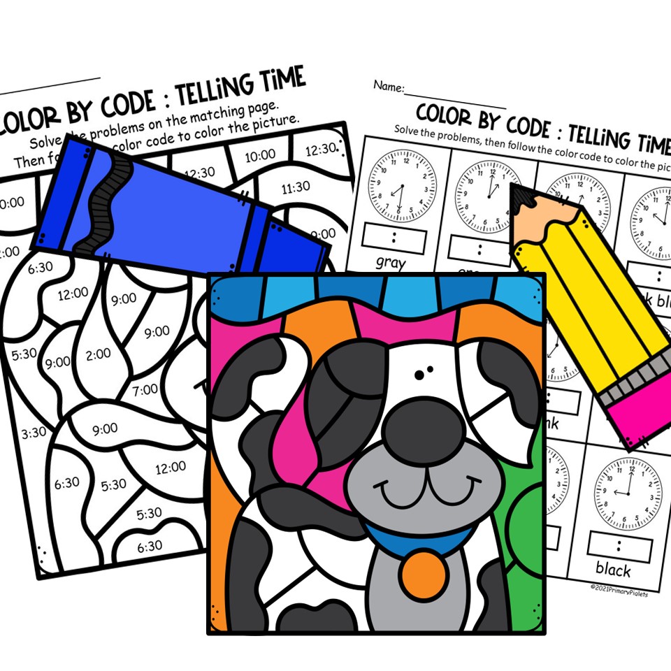 TELLING TIME TO THE HOUR AND HALF HOUR COLOR BY NUMBER - DOG | Made By ...