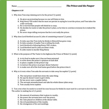 The Prince and the Pauper by Mark Twain: Quiz for Ch. 6-10 | Made By ...
