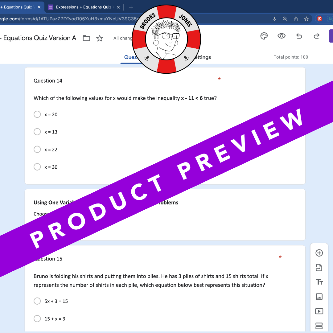 Expressions & Equations Quiz for 6th Grade: TWO Self-Grading Versions ...