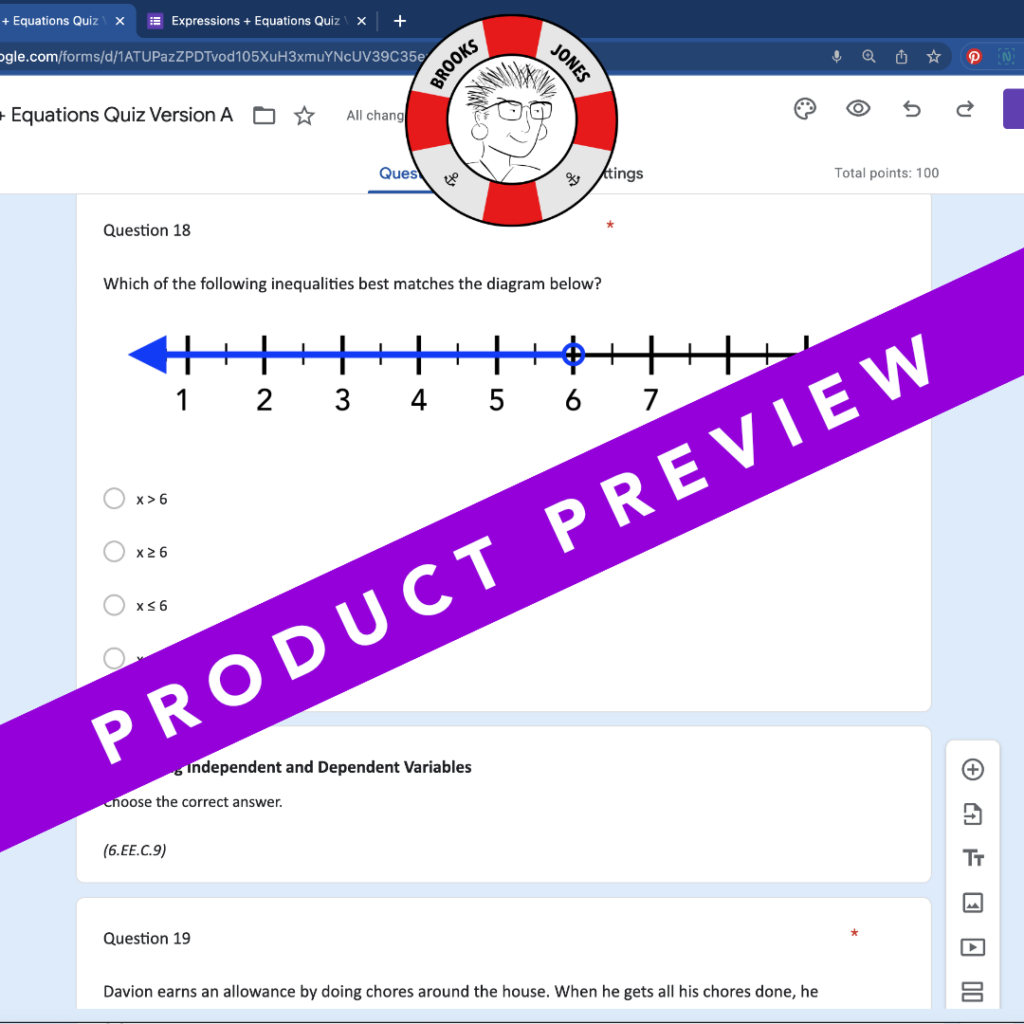 Expressions & Equations Quiz for 6th Grade: TWO Self-Grading Versions ...