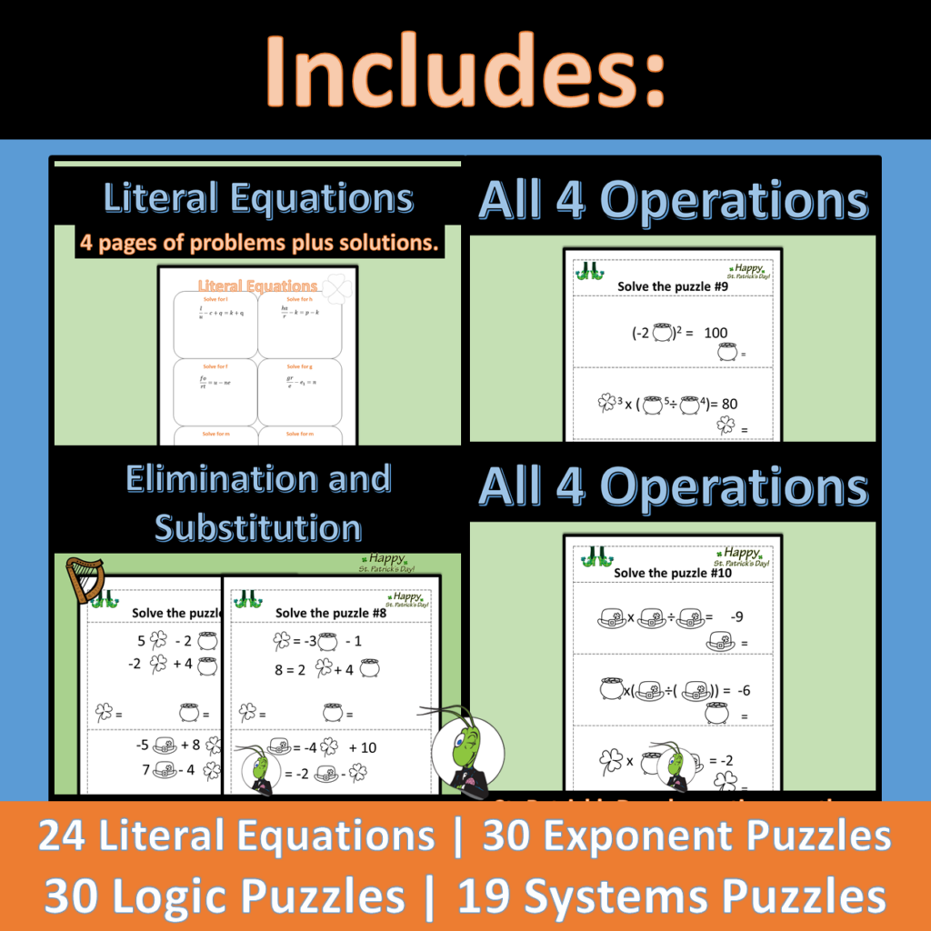 St. Patrick's Day Logic Puzzles | Algebra: Integers, Solving, Factor ...