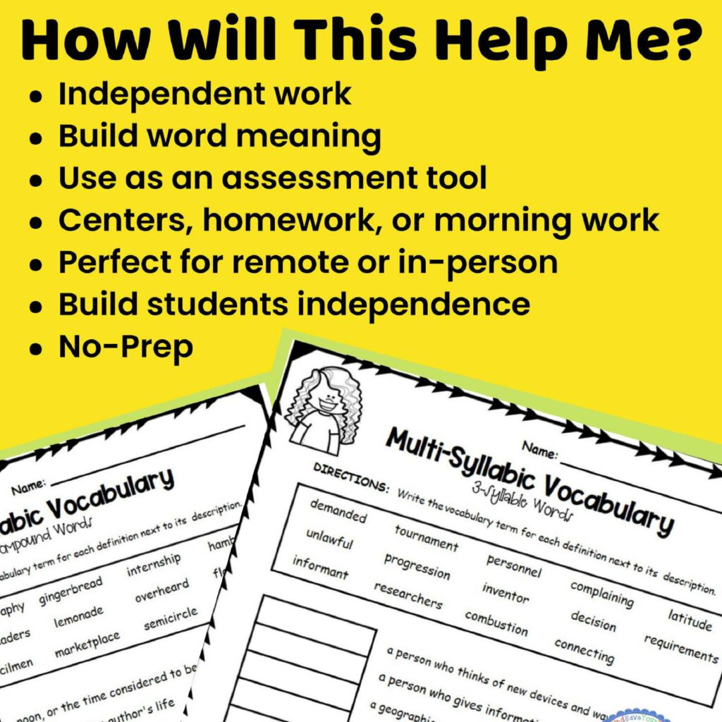 Multisyllabic Word Lists & Building Vocabulary Activities for 4th 5th ...