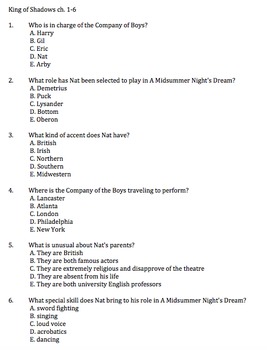 King of Shadows by Susan Cooper Reading Comprehension Quizzes | Made By ...