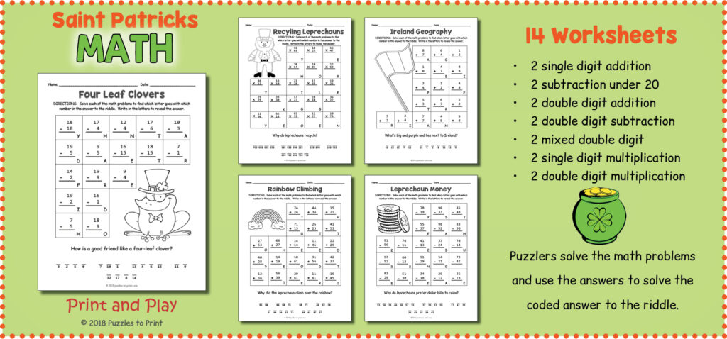 Secret Message St. Patrick's Day Math Riddle Worksheets | Made By Teachers