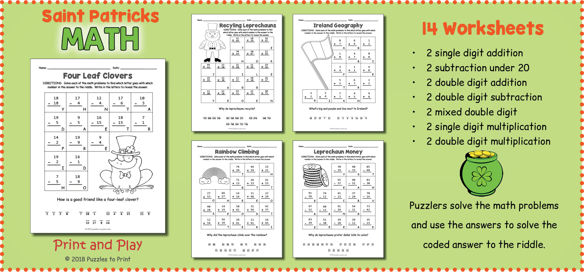 Secret Message St. Patrick's Day Math Riddle Worksheets | Made By Teachers