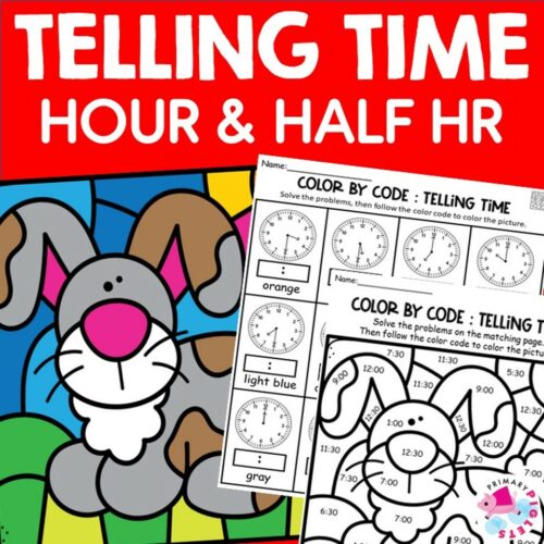 TELLING TIME TO THE HOUR AND HALF HOUR COLOR BY NUMBER CODE - RABBIT ...