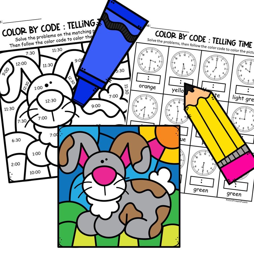 TELLING TIME TO THE HOUR AND HALF HOUR COLOR BY NUMBER CODE - RABBIT ...