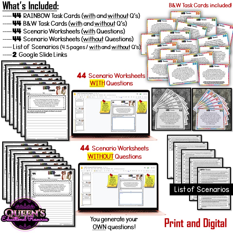 LGBTQ Scenario Task Cards and Worksheets, LGBTQ Problem Solving ...