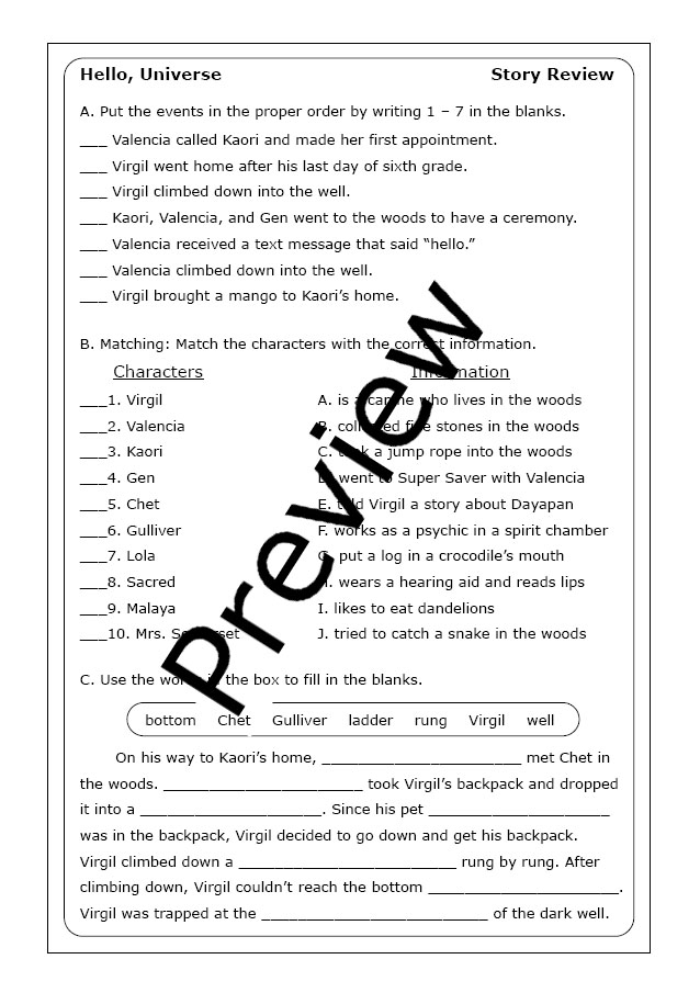 Erin Entrada Kelly "Hello, Universe" worksheets | Made By Teachers