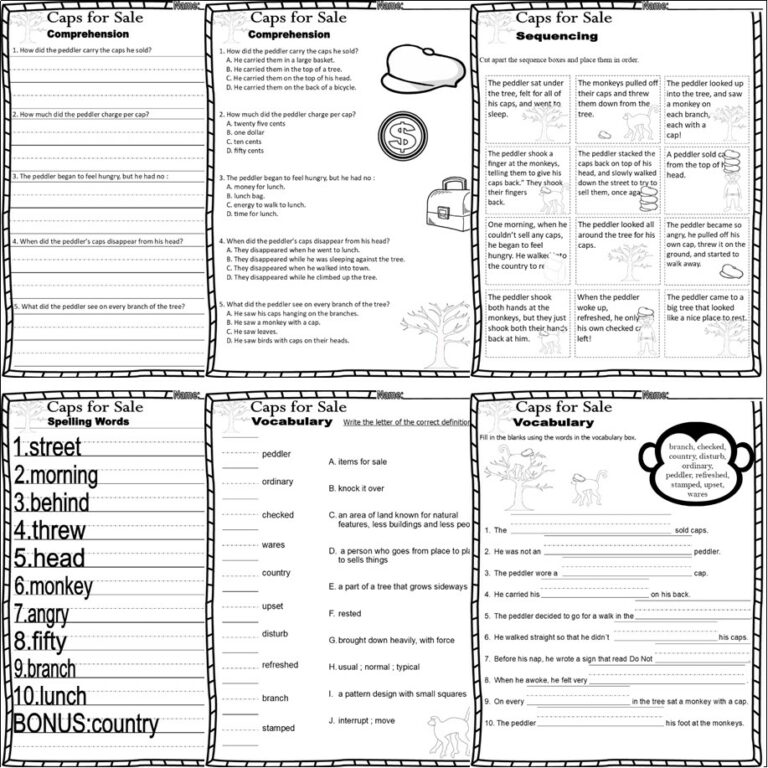 Caps for Sale Book Companion Reading Comprehension Worksheets | Made By ...