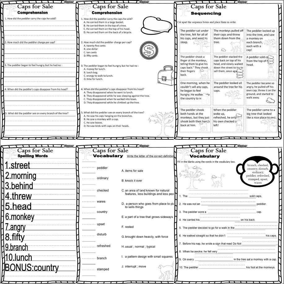 Caps for Sale Book Companion Reading Comprehension Worksheets | Made By ...
